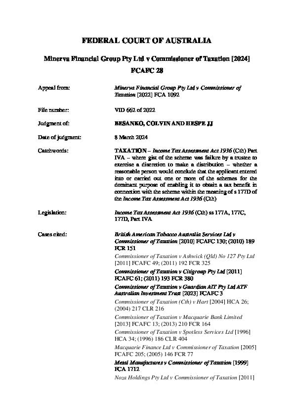 Australia vs Minerva Financial Group Pty Ltd, March 2024, Full Federal ...