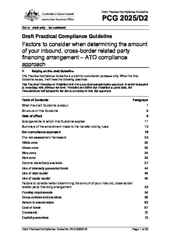 Australian Draft Guideline on Financing Arrangements - PCG 2025/D2 ...
