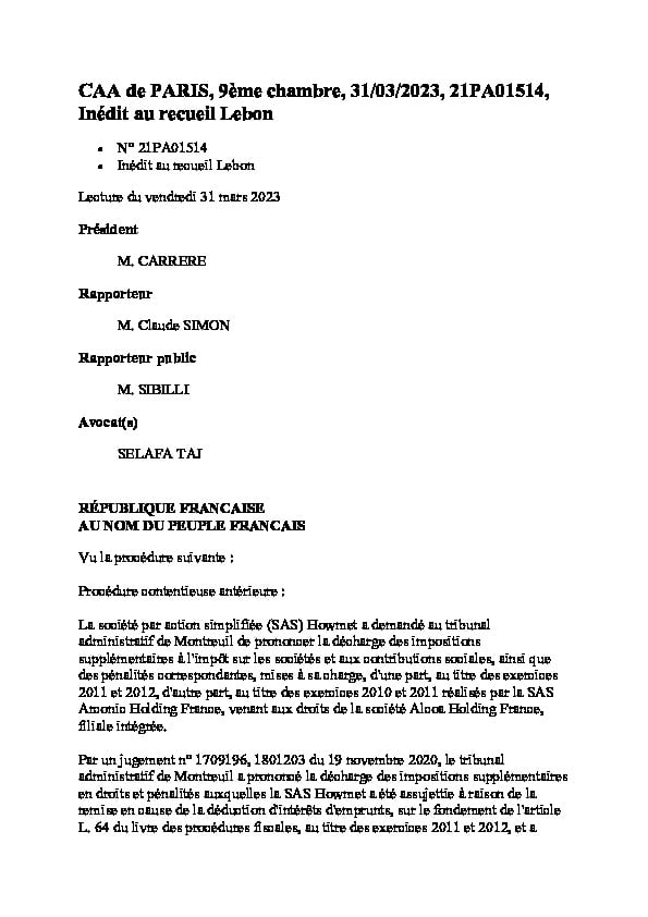 France vs Howmet SAS, March 2023, CAA de PARIS, Case No 21PA01514 ...