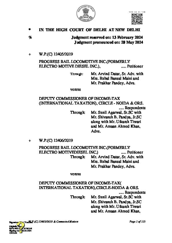 India vs Progress Rail Locomotive Inc., May 2024, High Court of Delhi, W.P.(C) 12405/2019 ...