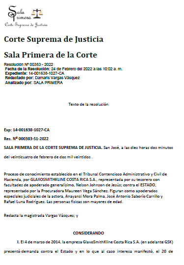 Costa Rica vs GlaxoSmithKline Costa Rica S.A., February 2022, Supreme ...