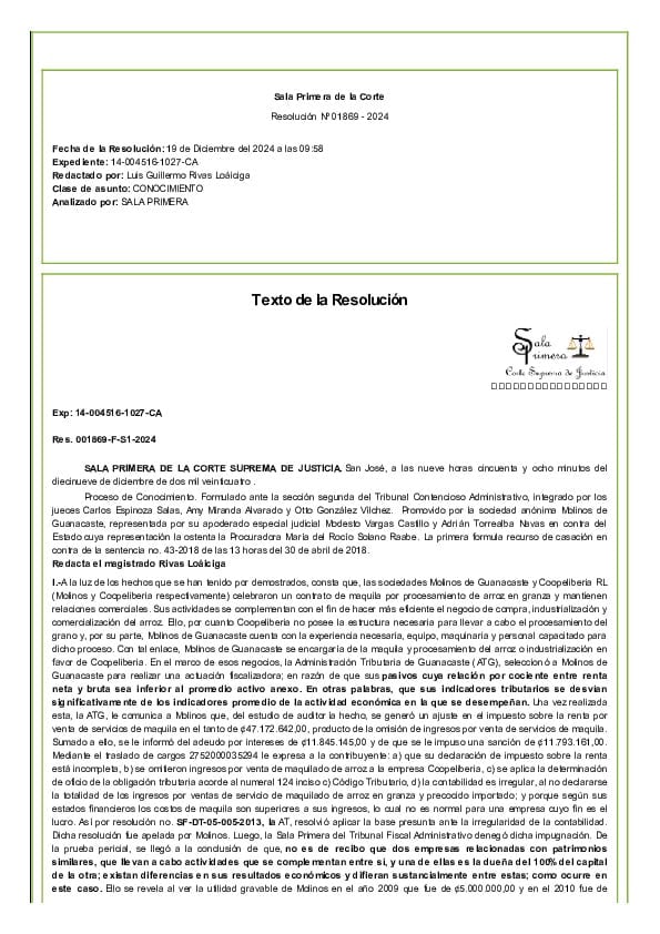 Costa Rica vs Molinos de Guanacaste S.A., December 2024, Supreme Court ...